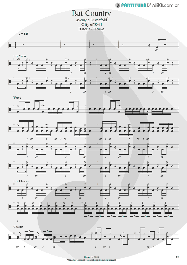 Partitura para Bateria Bat Country Avenged Sevenfold download grátis em ...