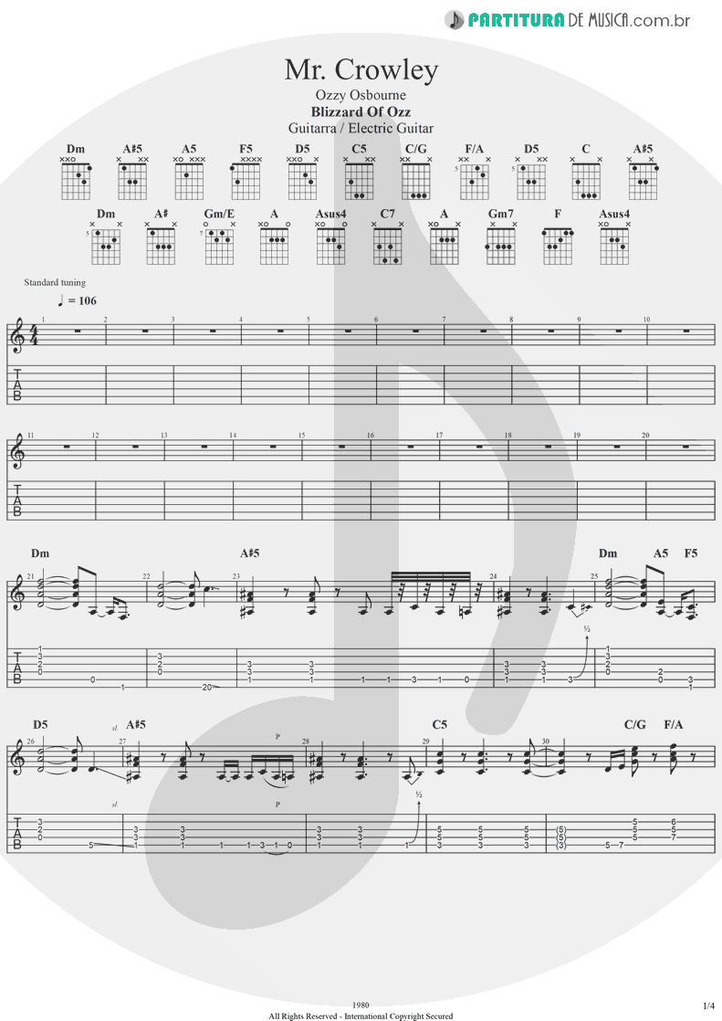 Partitura para Guitarra Elétrica Mr. Crowley Ozzy Osbourne download grátis em PDF ...